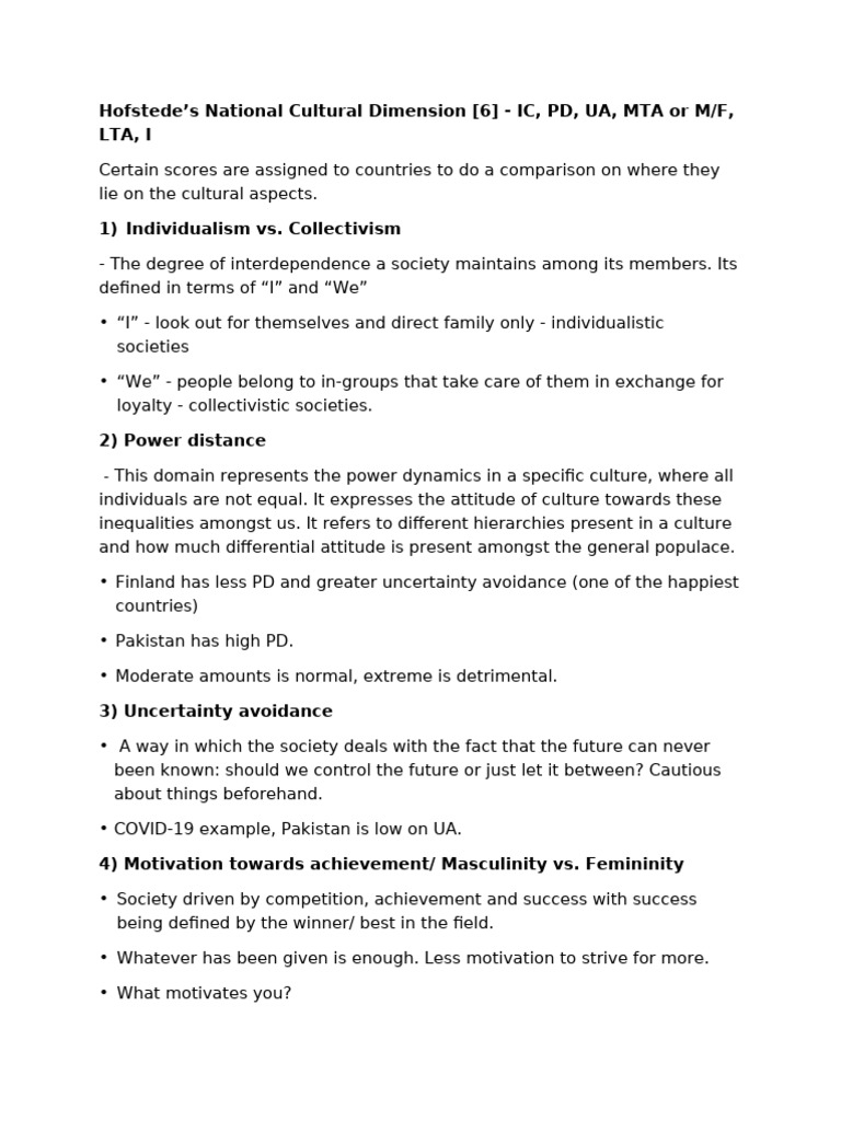 Hofstede's Cultural Dimensions Explained | PDF | Psychology ...