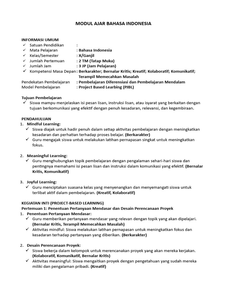 Modul Ajar BIN Kelas X, SMT Ganjil PJBL | PDF