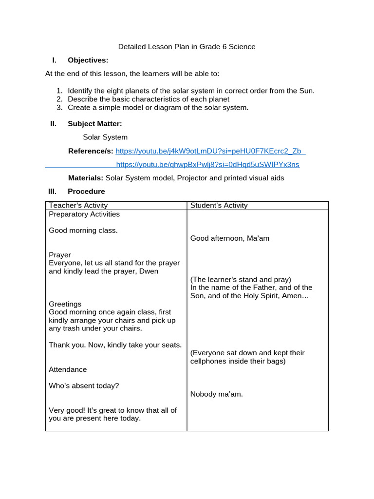 Lesson Plan in Science 6 The Solar System | PDF | Planets | Jupiter