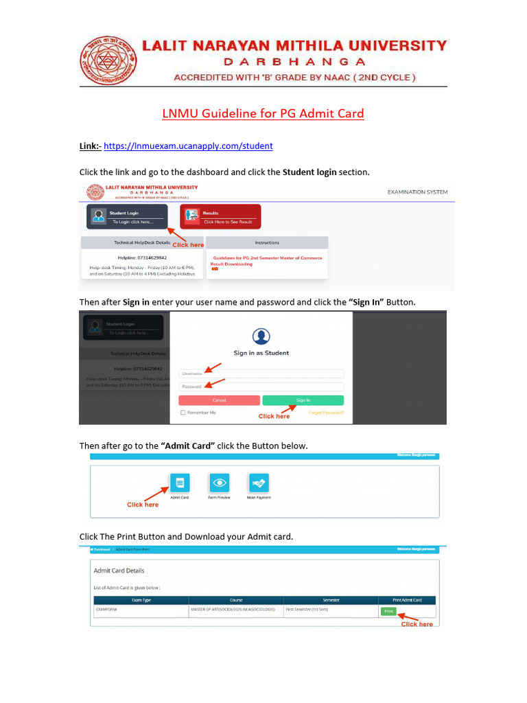 Lnmu Guideline For PG Admit Card | PDF