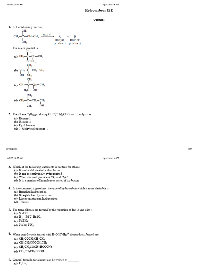 Hydrocarbons JEE Test ID 6215e41aa0ecc8663af190f6 | PDF | Alkene ...