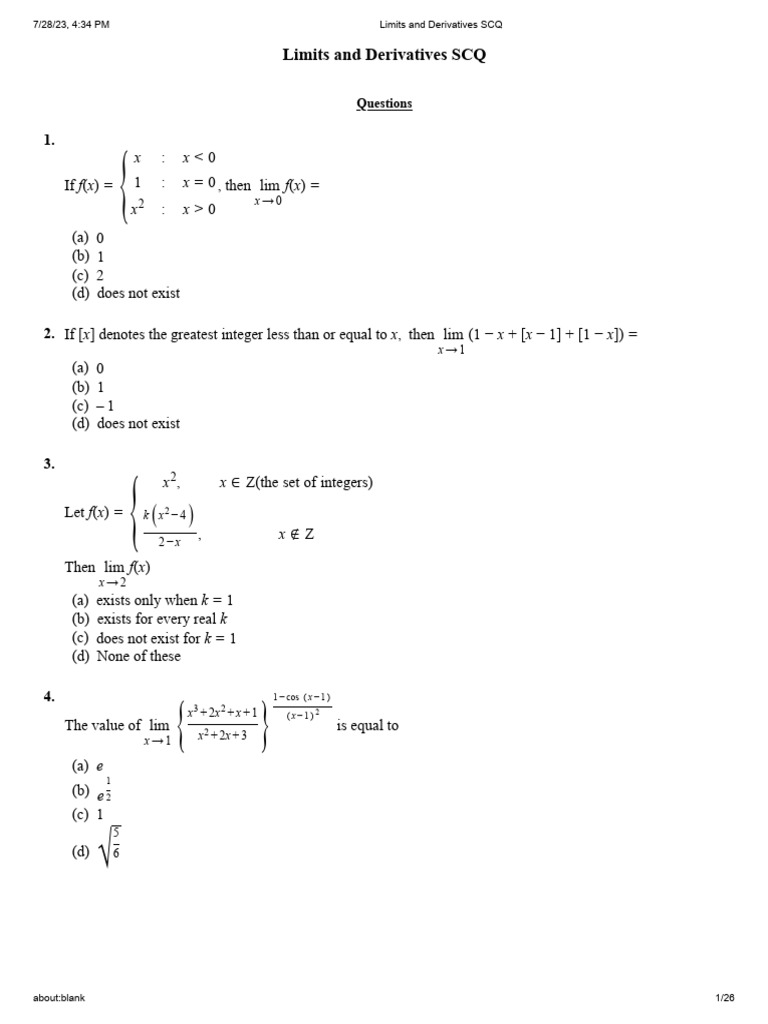 Limits and Derivatives SCQ 62022174d451c92118d9e226 | PDF | Mathematics ...