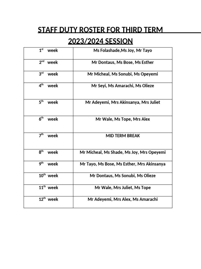 Duty Roaster For 3rd Term 2023-2024 | PDF