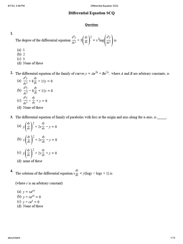 Differential Equation SCQ 620f9601c261294c6fb5d01c | PDF | Elementary ...