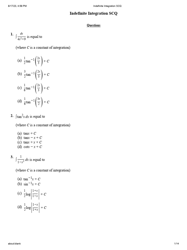 Indefinite Integration Practice Questions | PDF | Mathematical Analysis ...