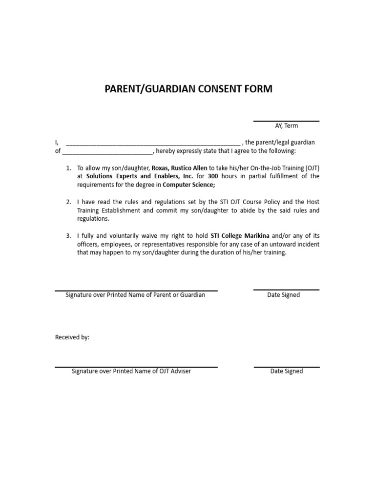Parent Consent Form Without Training Fee | PDF