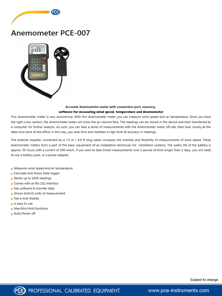 PCE-007 Anemometer Datasheet | PDF | Wind Speed | Data