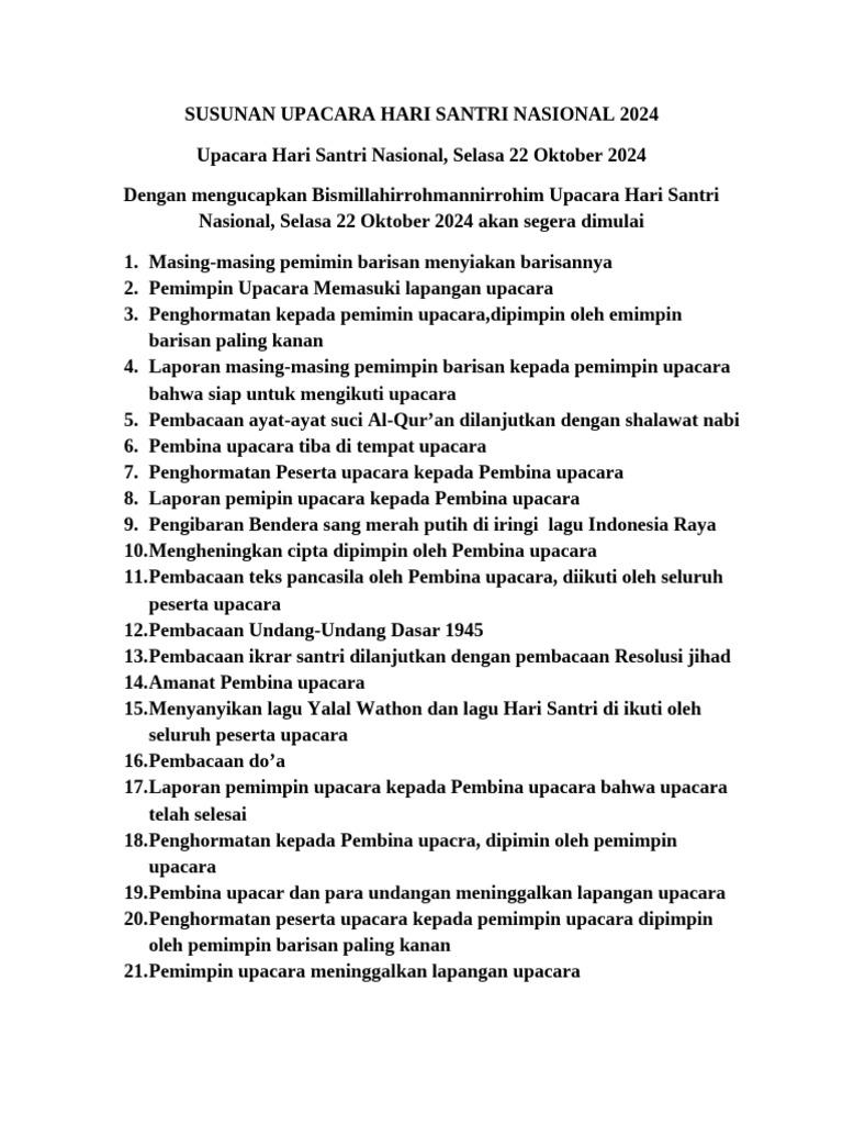 Susunan Upacara Hari Santri Nasional 2024 | PDF