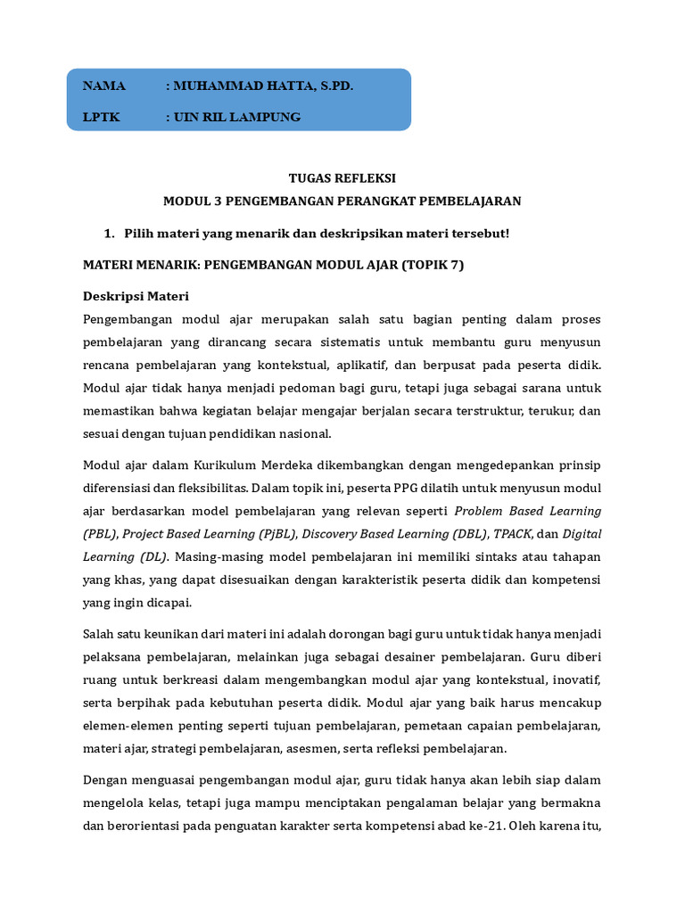 Tugas Refleksi Modul 3: Pengembangan Modul Ajar | PDF