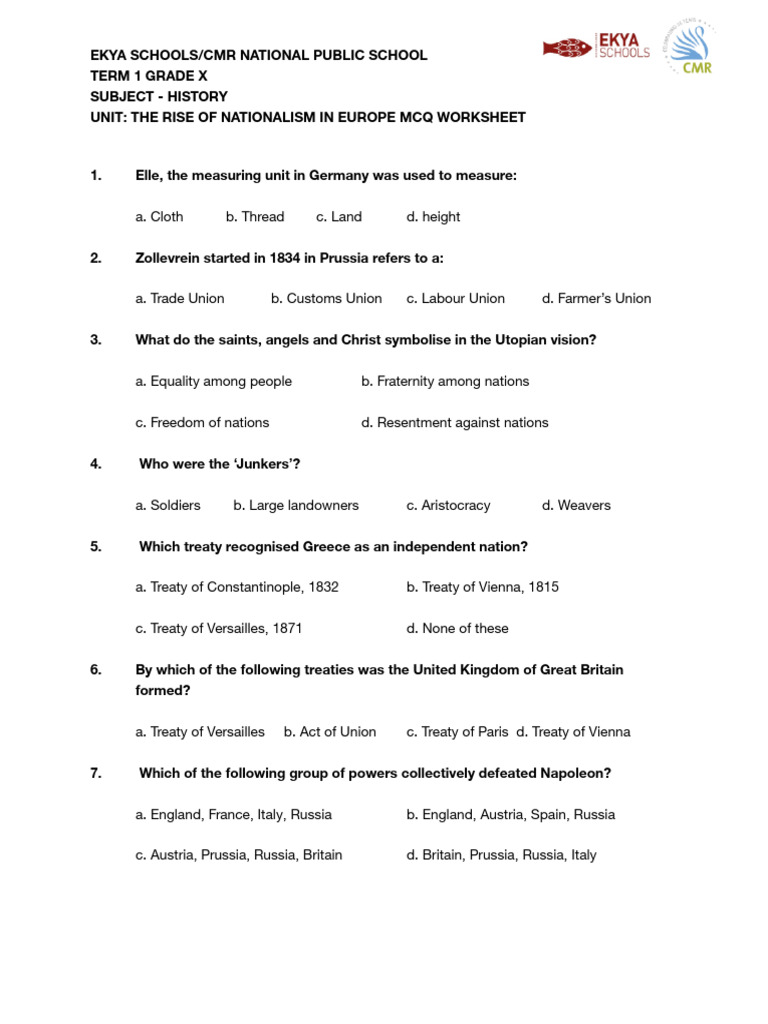 Gr+10+ +History+The+Rise+of+Nationalism+in+Europe+MCQ+Worksheet | PDF ...