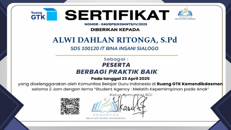 SERTIFIKAT ALWI DAHLAN RITONGA, S.PD BERBAGI PRAKTIK BAIK STUDENT ...