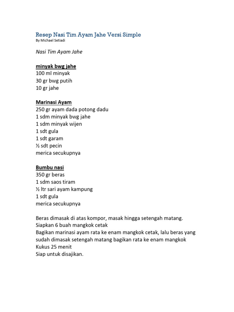 Resep Nasi Tim Ayam Jahe | PDF