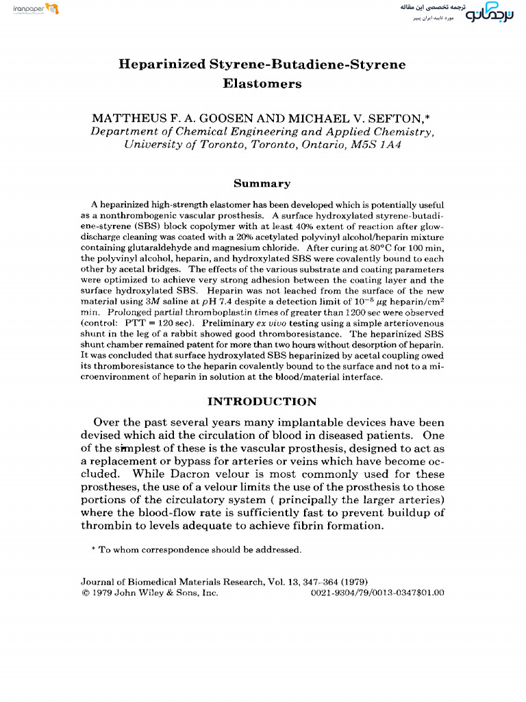 Heparinized Elastomers: Mattheus F. A. Goosen and Michael V. Sefton ...