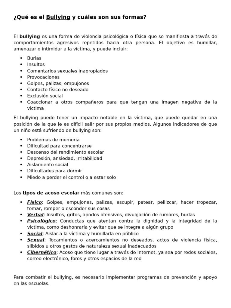 Tipos y efectos del bullying escolar | PDF