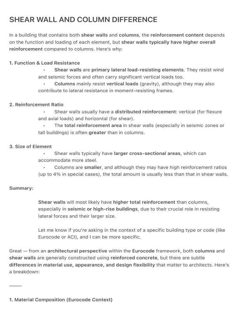Shear Wall and Column Difference | PDF | Column | Concrete