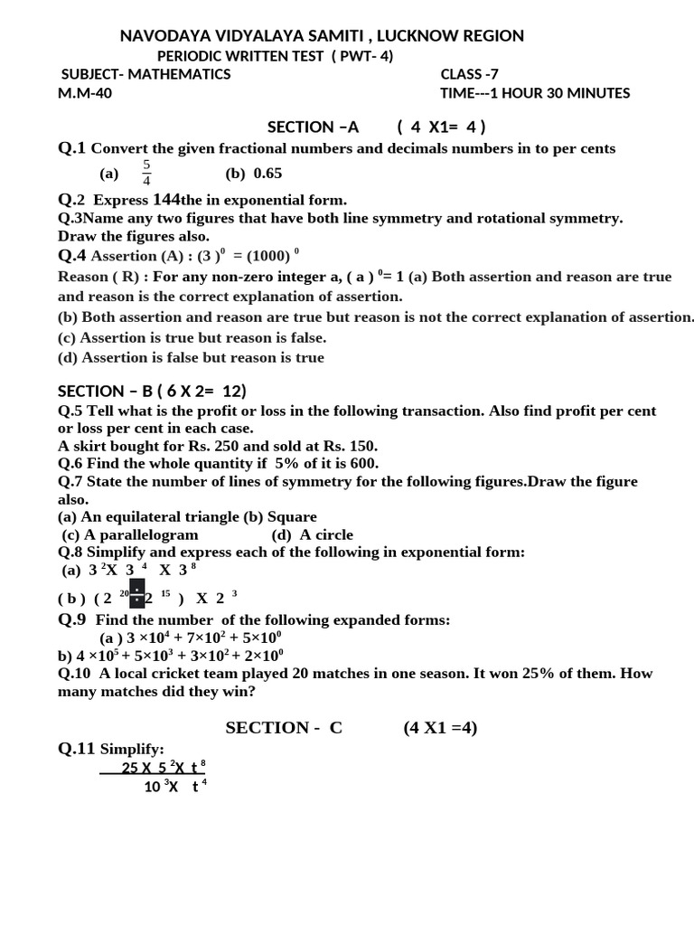 Class 7 PWT - 4 (Math) 2024-25 | PDF | Chalk | Mathematics