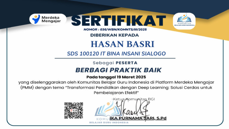 Sertifikat Hasan Basri Berbagi Praktik Baik Deeplearning Solusi Pembelajaran Efektif | PDF