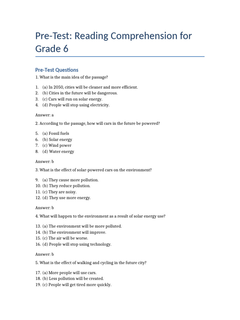 Grade 6 Reading Comprehension Pre-Test | PDF