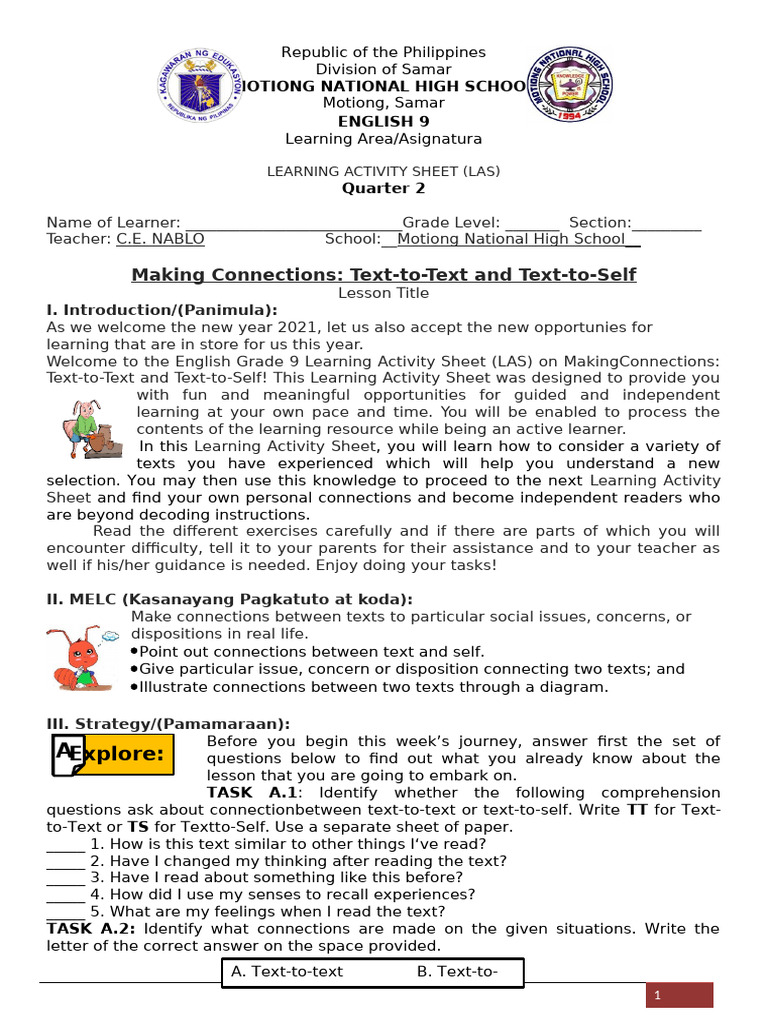 English 9 Q2 Week1 and 2 | PDF | Reading Comprehension | Learning