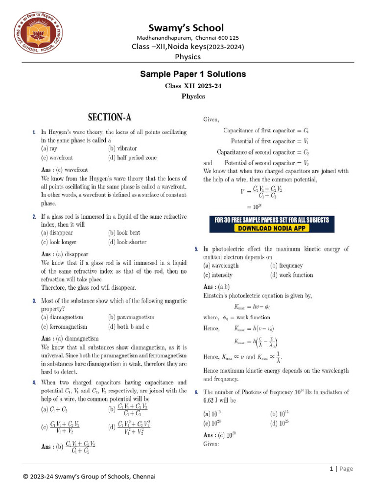 Sample Paper 1 Key | PDF