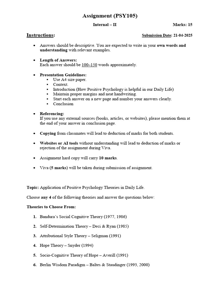 Internal II Assignment Detail PSY105 | PDF