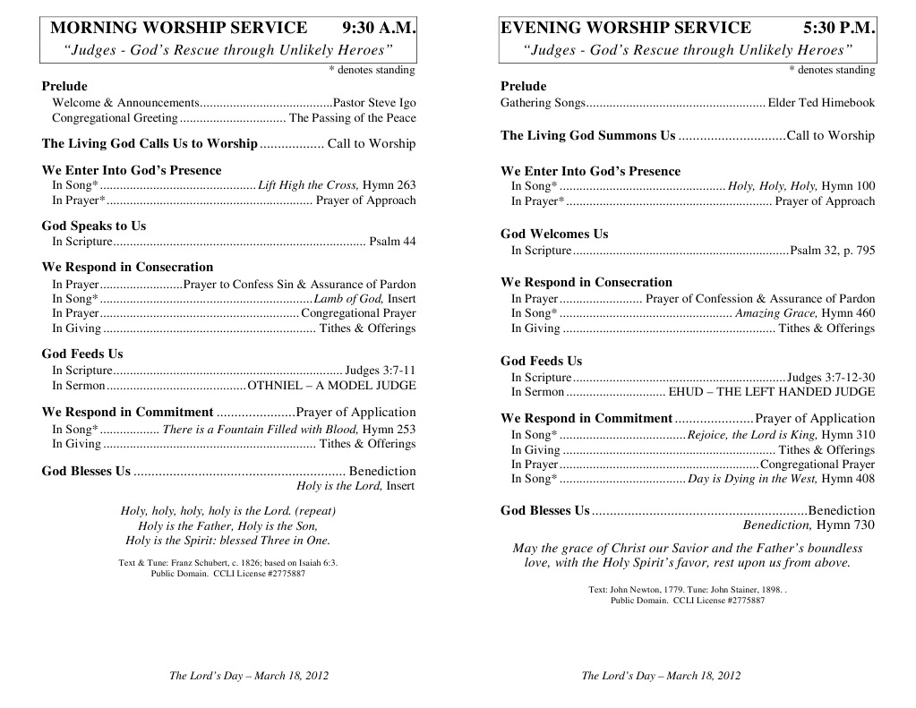 Worship Service Schedule - March 18, 2012 | PDF | Hymns | Fasting