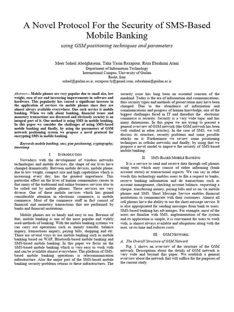 A Novel Protocol For The Security of SMS-Based Mobile Banking | PDF | Secure Communication ...