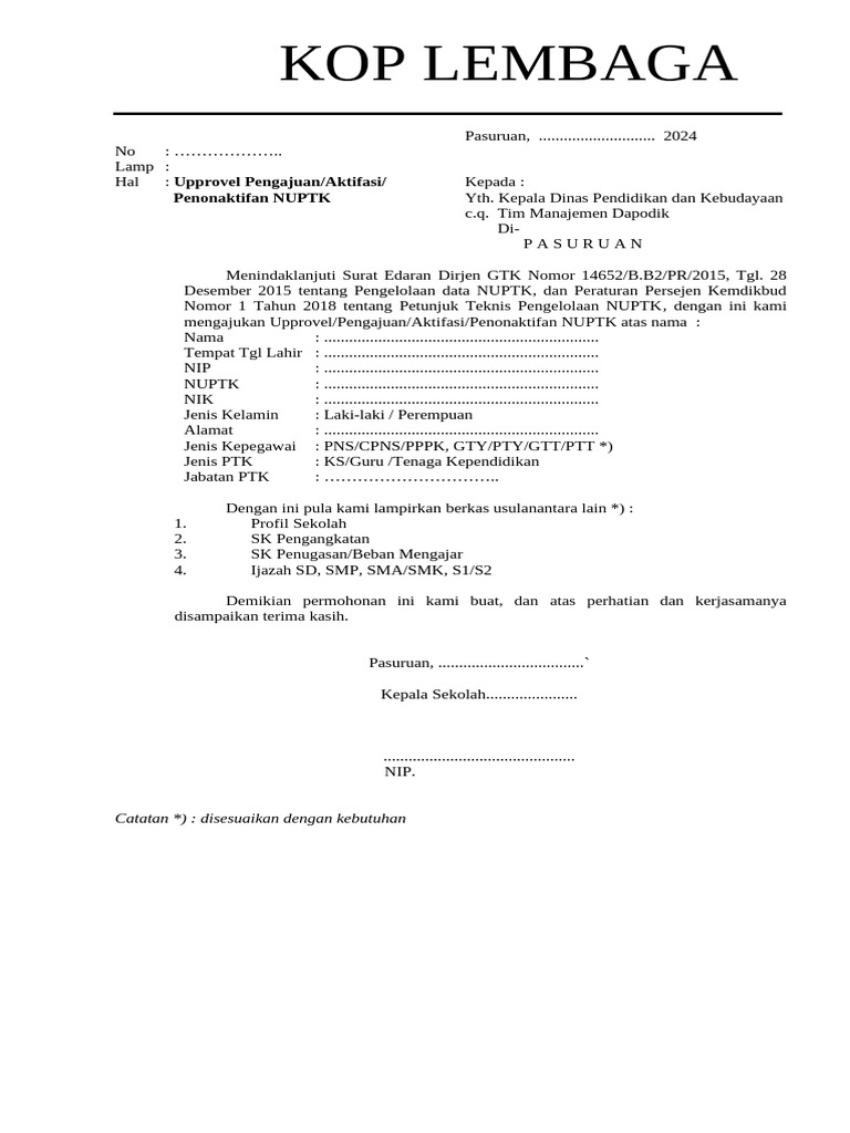 Surat Permohonan Upprovel Pengajuan NUPTK 2024 | PDF