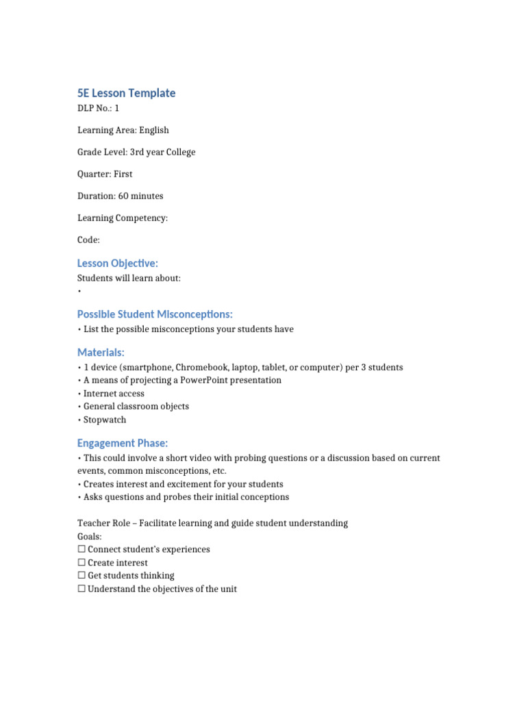 5E_Lesson_Template_Editable | PDF | Teachers | Learning