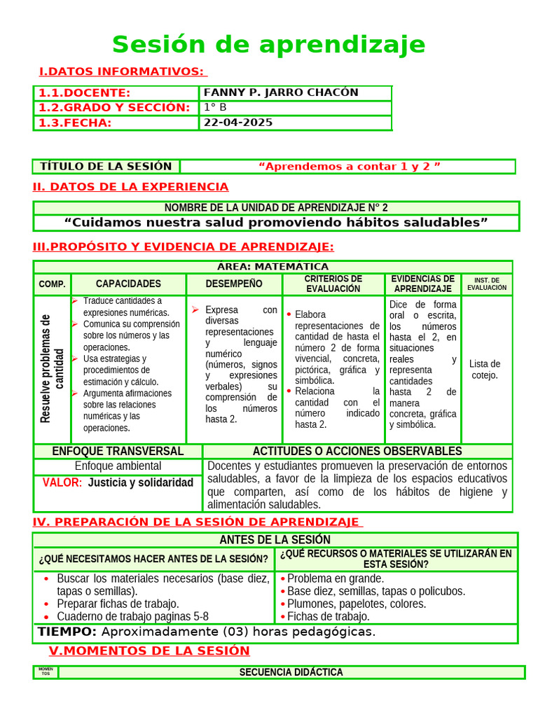 Sesiòn Aprendemos A Contar 1 y 2 | PDF | Aprendizaje | Science