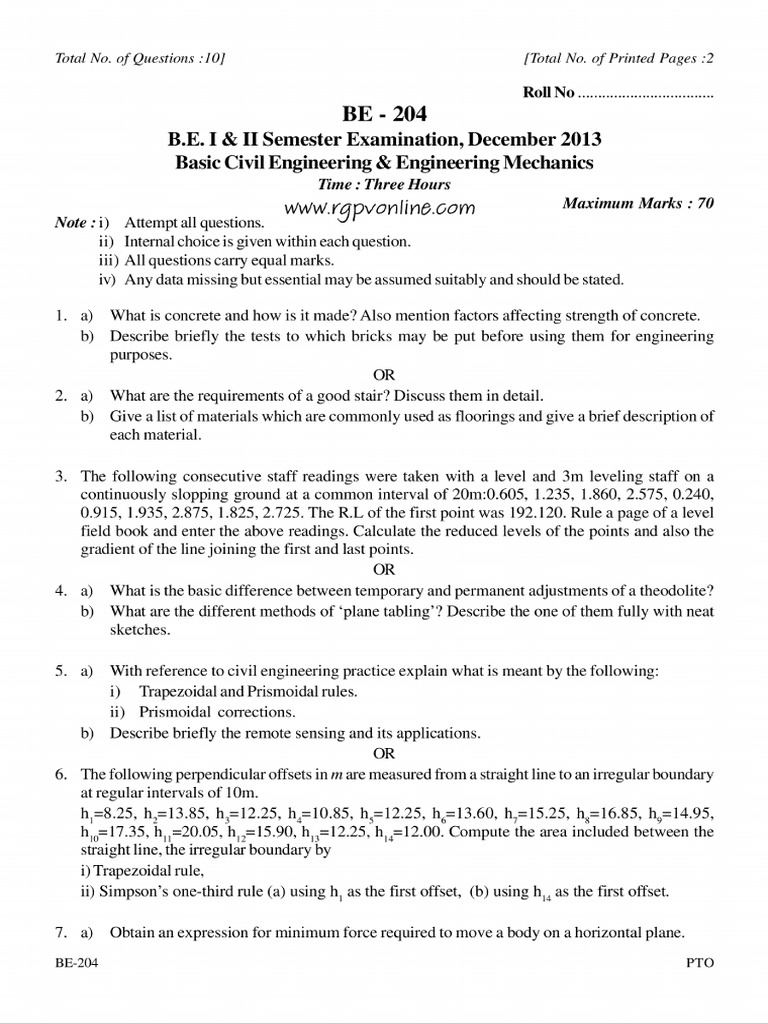Be 204 Basic Civil Engineering and Engineering Mechanics Dec 2013 | PDF