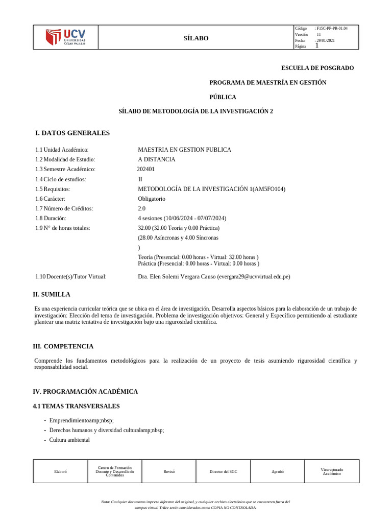 SILABO METODOLOGIA DE LA INV 2 - TRILCE - Aprobado | PDF | Diseño de la investigación | Aprendizaje