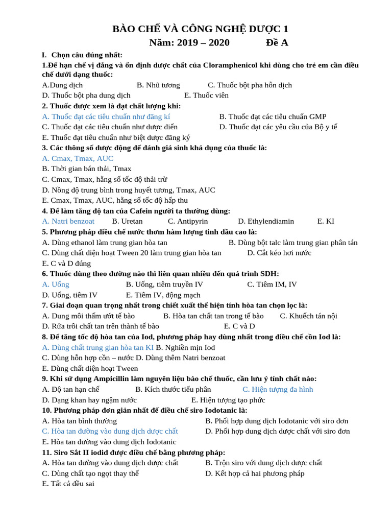 BÀO CHẾ VÀ CÔNG NGHỆ DƯỢC 1 2019 2020 đề A | PDF