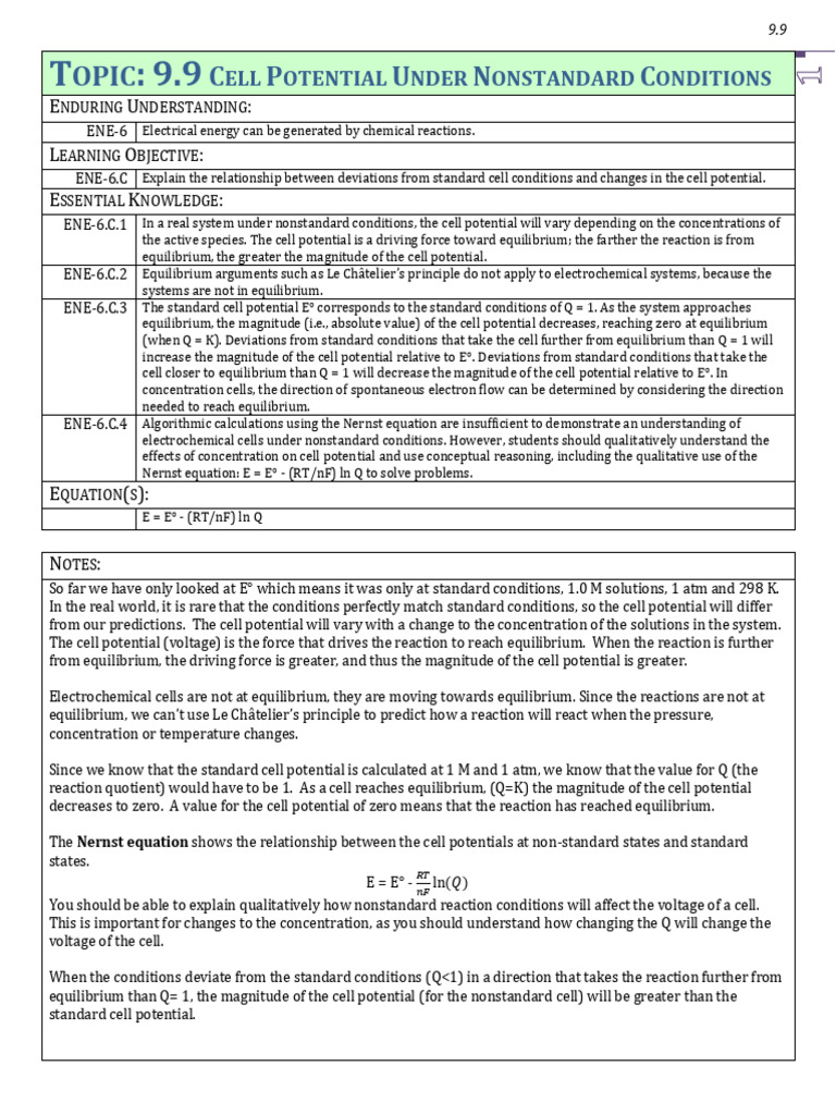Cell Potential in Nonstandard Conditions | PDF | Chemical Equilibrium ...