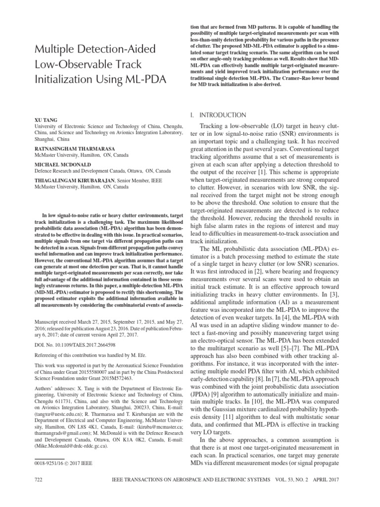 Multiple Detection-Aided Low-Observable Track Initialization Using ML-PDA | PDF | Radar | Sonar