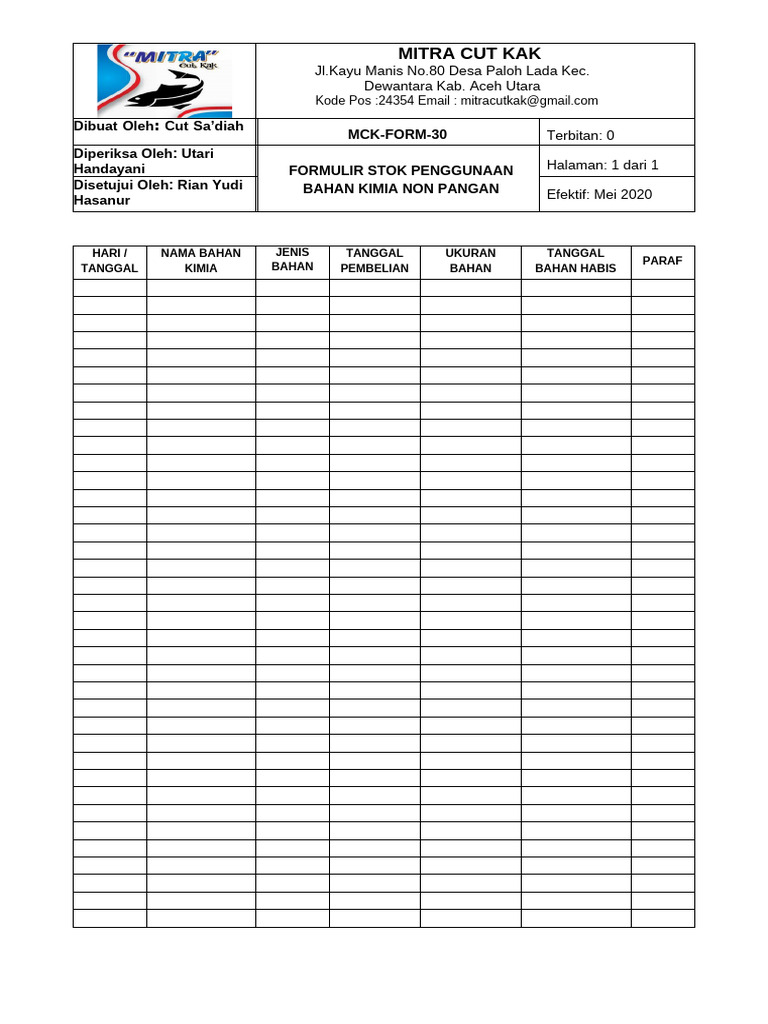 FORM-30-Formulir Stok Penggunaan Bahan Kimia Non Pangan | PDF