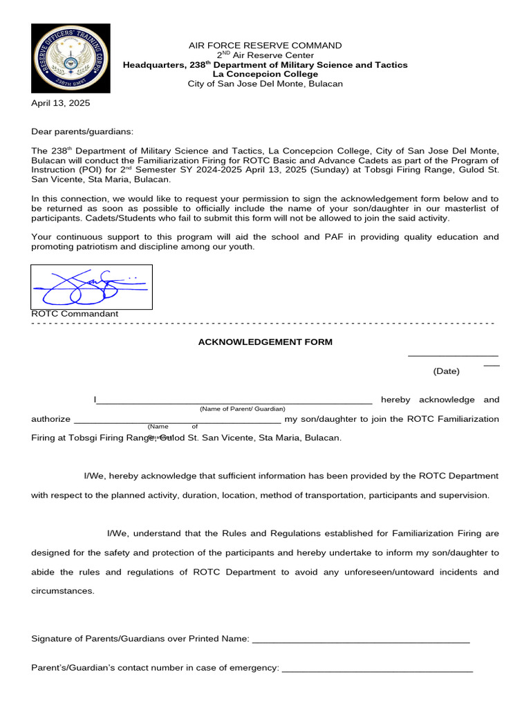 ROTC Familiarization Firing Consent Form | PDF | Military Education And ...
