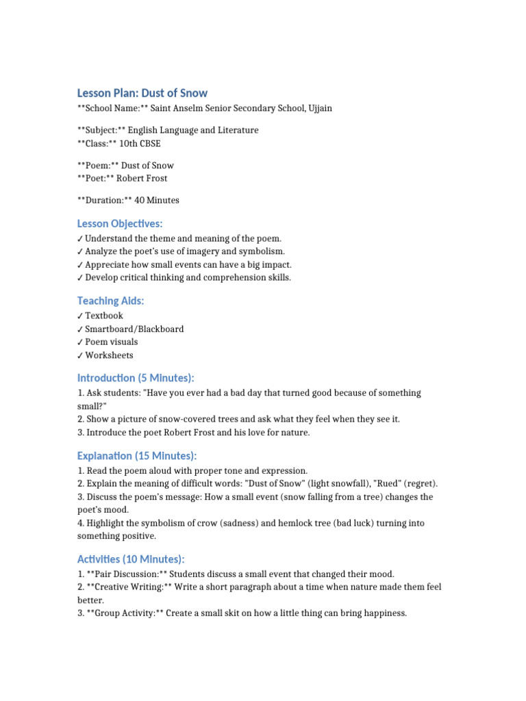 Lesson Plan Dust of Snow | PDF