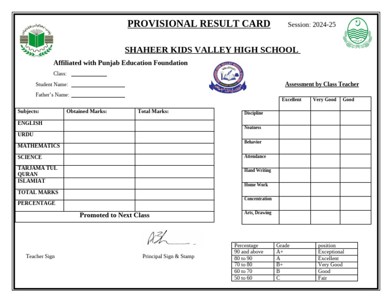 New Result Card Performa All Classes | PDF