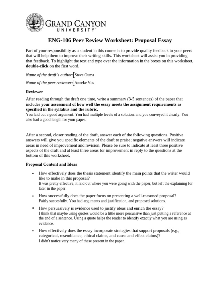 ENG106 - Proposal - Peer Review Worksheet For Steve | PDF | Essays ...