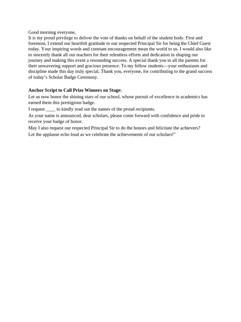 Anchor Script To Call Prize Winners On Stage | PDF