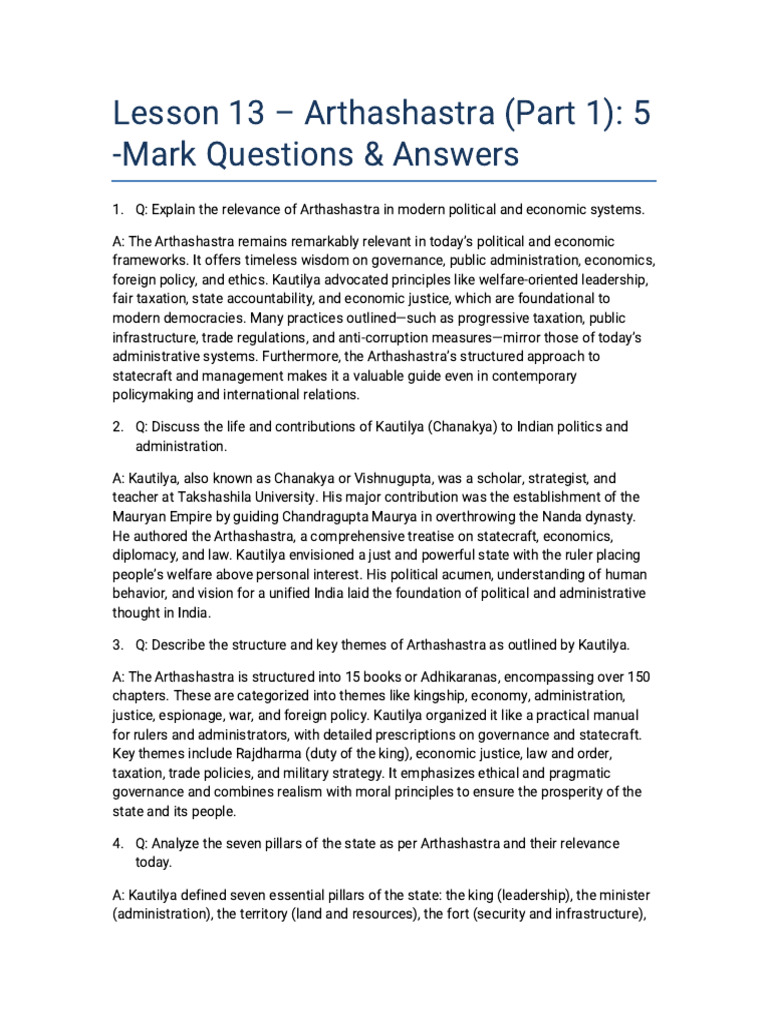 Arthashastra Complete 5 Mark QA | PDF | Diplomacy | Governance