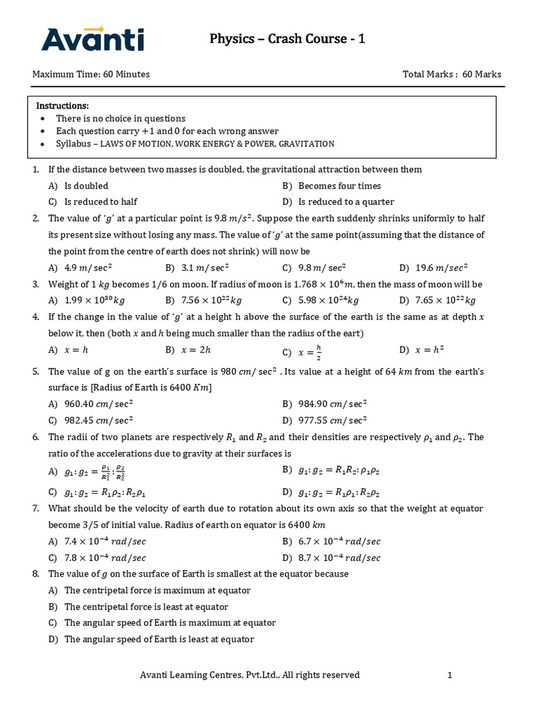 Crash Course (KCET) - Physics - PT 1 | PDF | Potential Energy | Orbit
