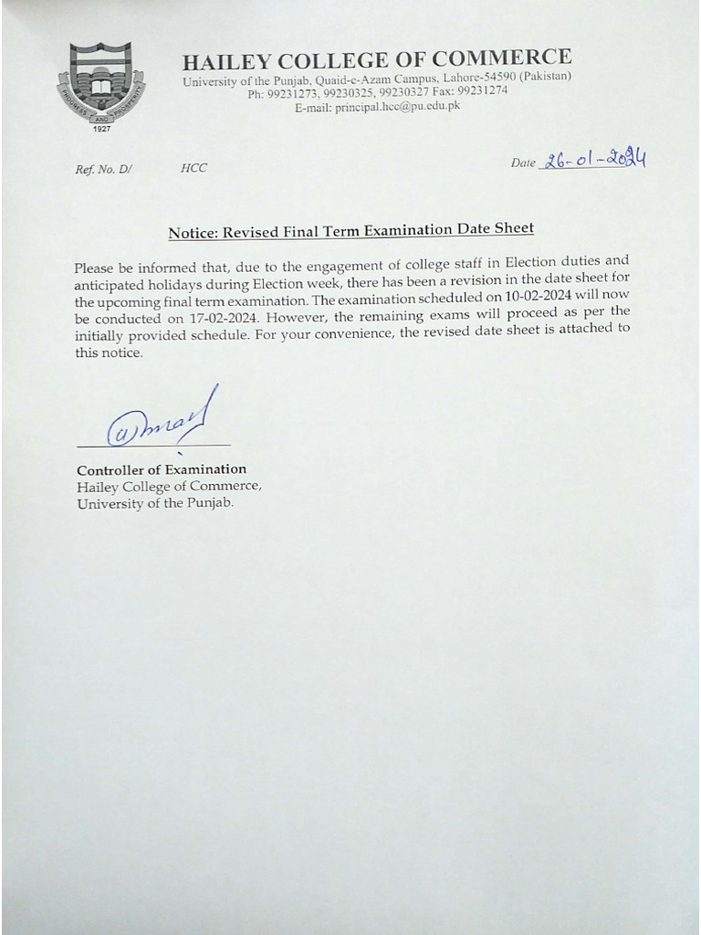 Revised Date Sheet (Final) | PDF