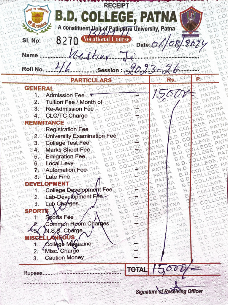 Admission Receipt 2nd Year | PDF