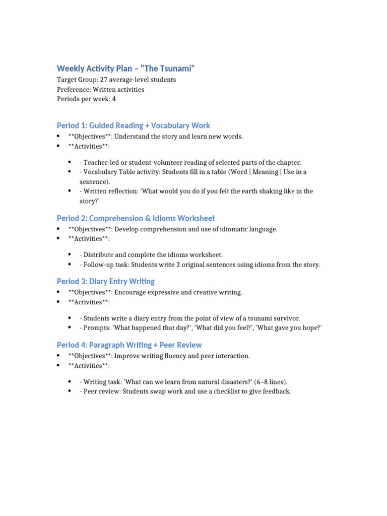 Weekly Tsunami Activity Plan for Students | PDF