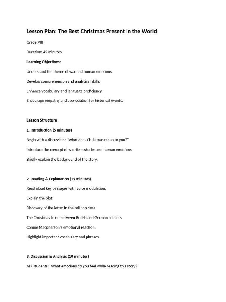 Lesson Plan for "The Best Christmas Present" | PDF