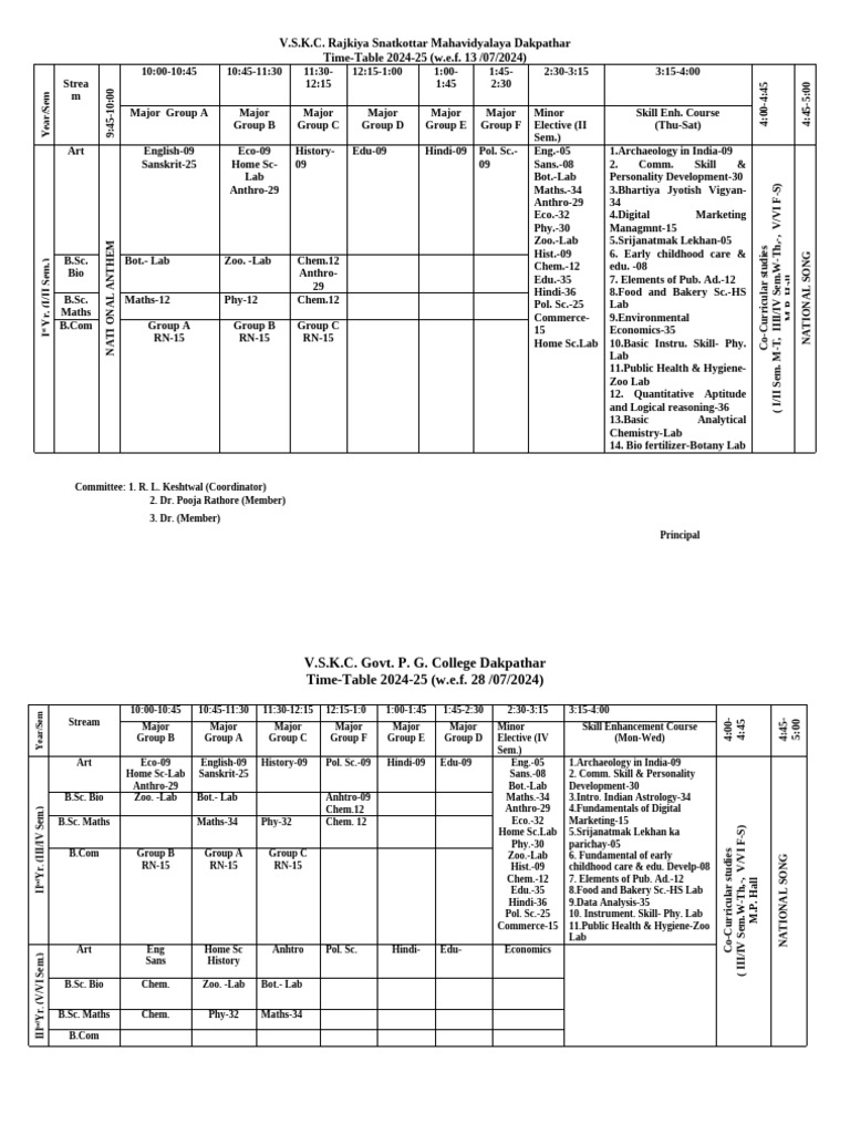 NEW Time Table College - 2024-25 | PDF