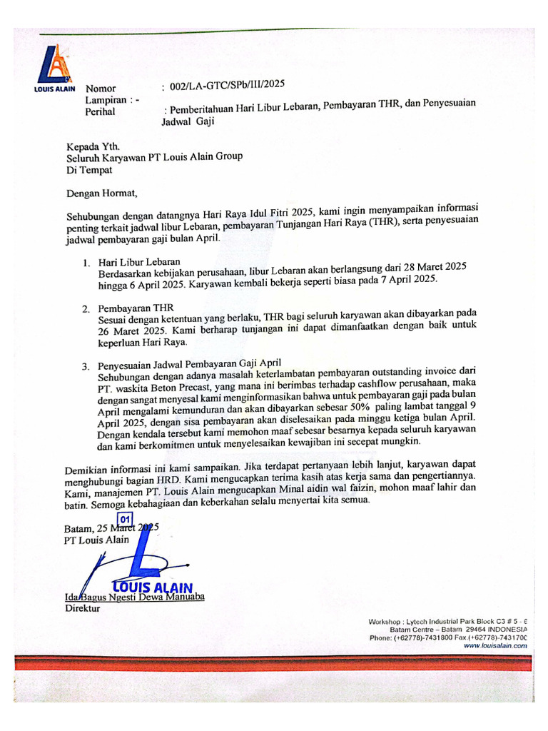 Surat Pemberitahuan Libur, Tunjangan Hari Raya Dan Penjadwalan ...