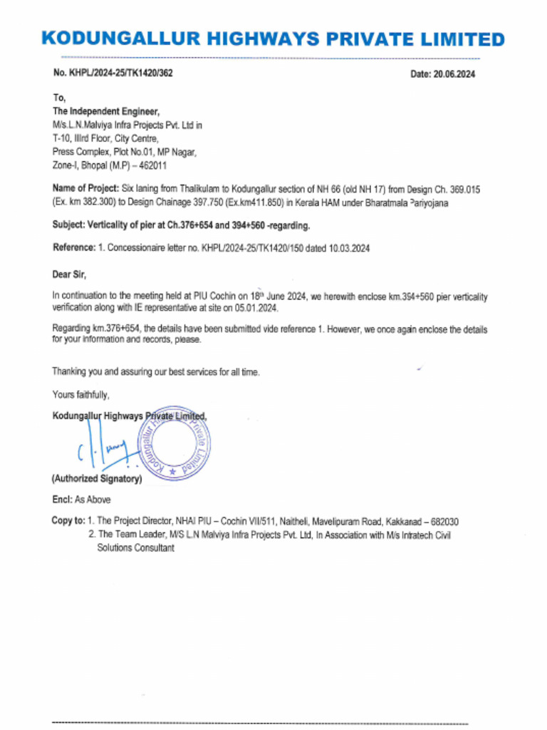 KHPL-2024-25-TK1420-362-Verticality of Pier at Ch.376+654 and 394+560 | PDF